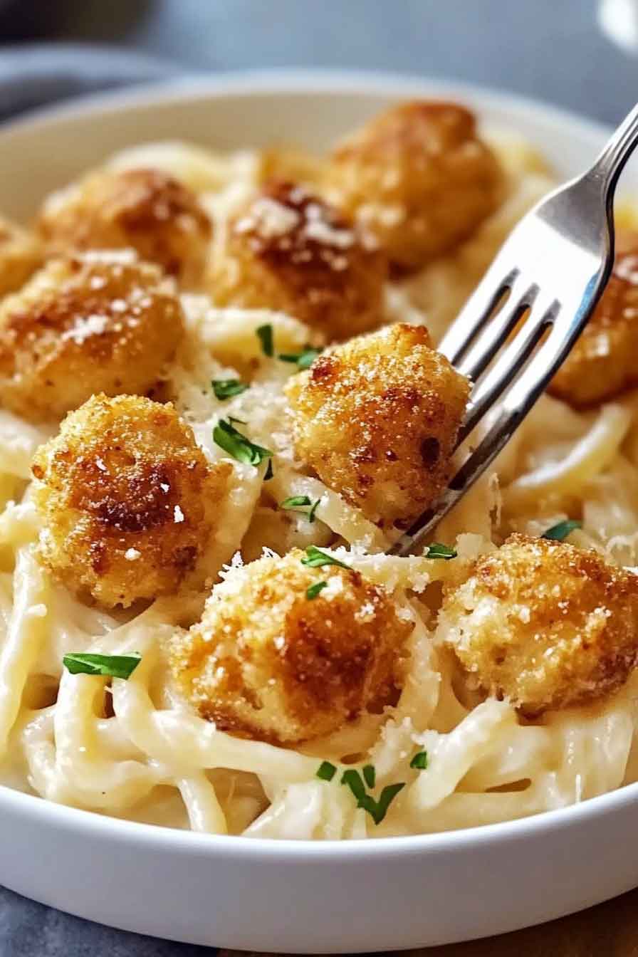 Golden Garlic Chicken Bites Over Creamy Parmesan Pasta - My Cook Point