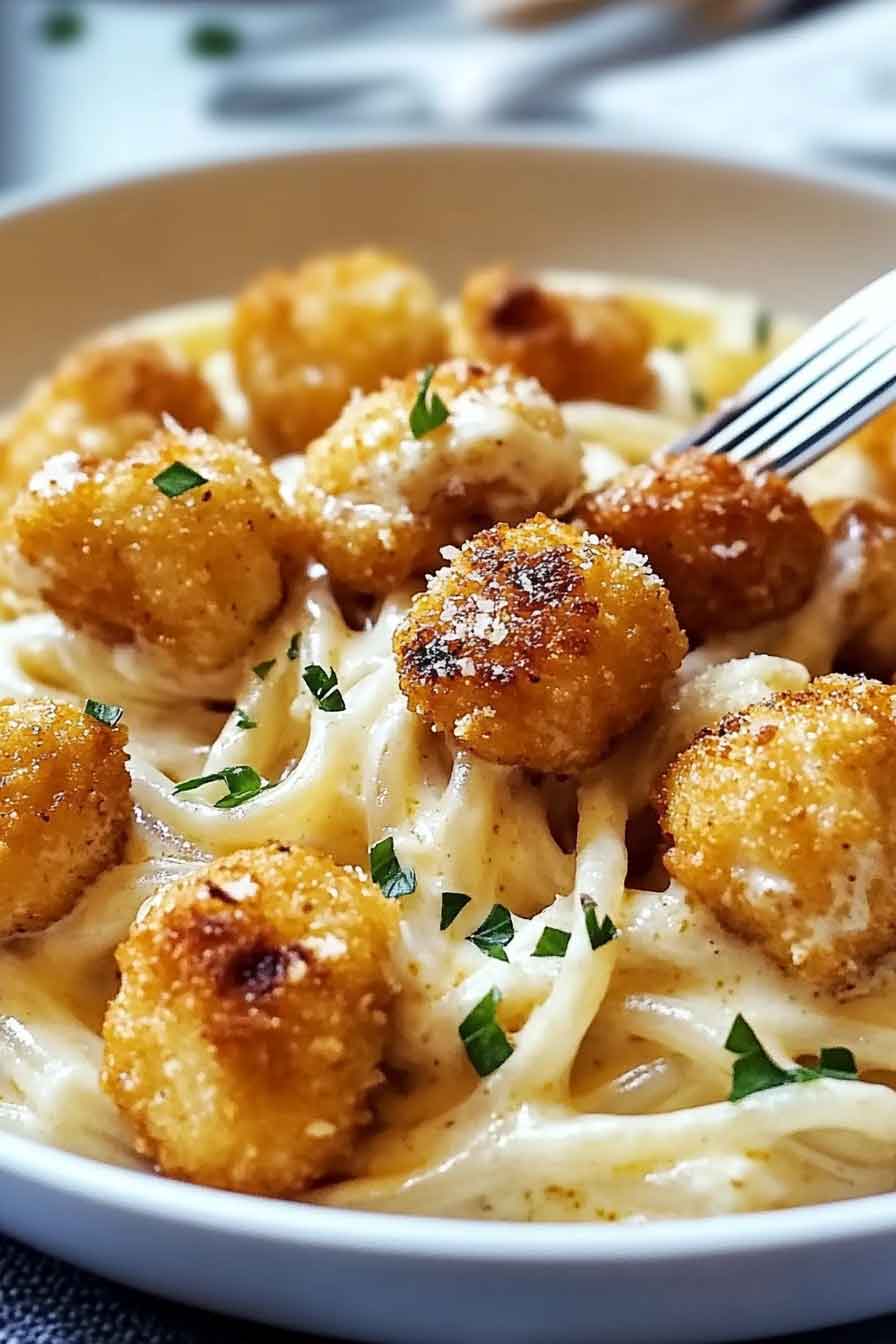 Golden Garlic Chicken Bites Over Creamy Parmesan Pasta - My Cook Point