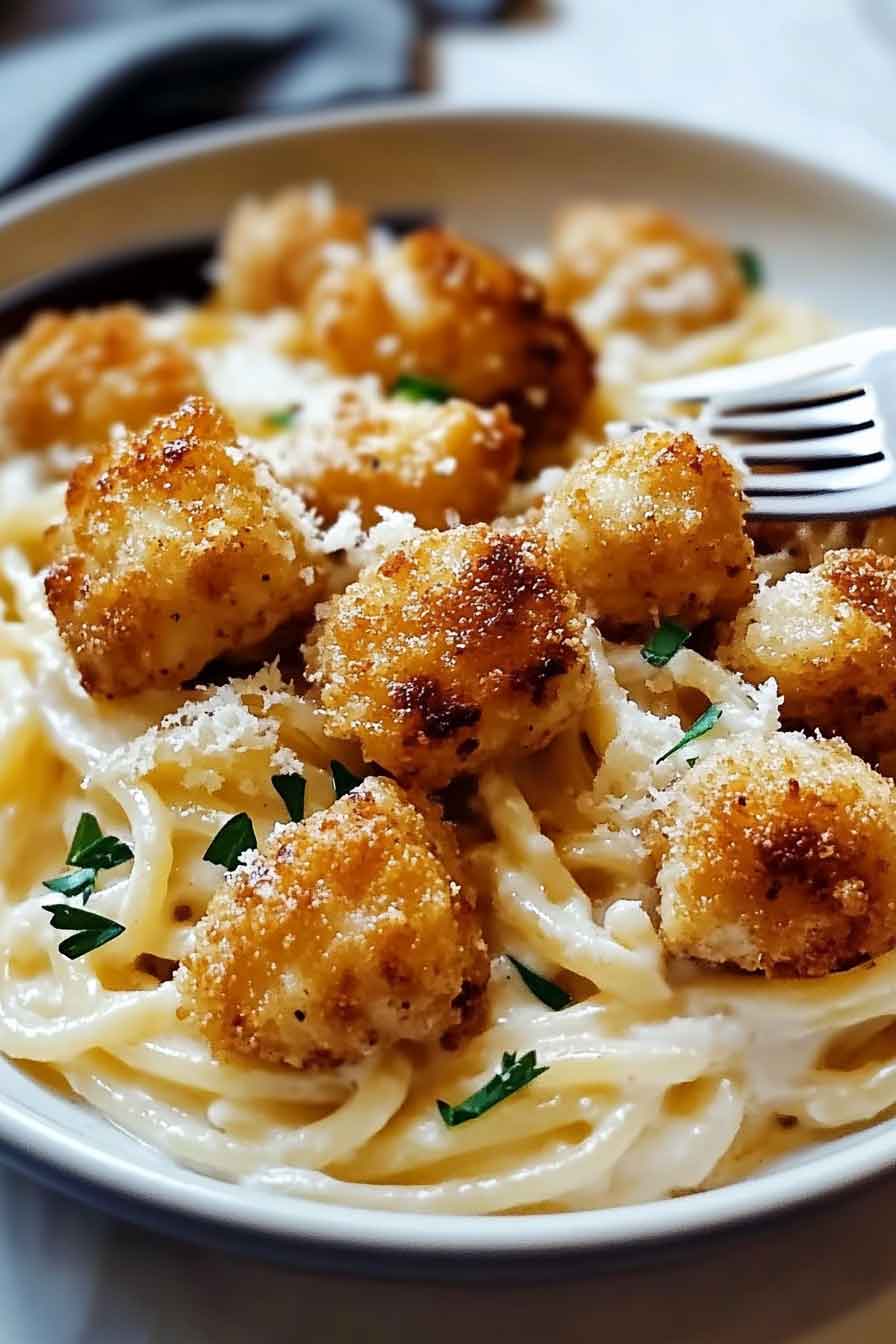 Golden Garlic Chicken Bites Over Creamy Parmesan Pasta - My Cook Point
